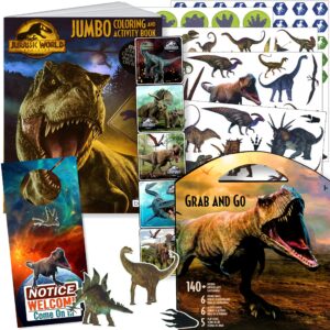 jurassic world dinosaur stickers and coloring activity set – bundle includes dinosaur stickers grab and go, jurassic world coloring book, dinosaur reward stickers, and dinosaurs door hanger craft