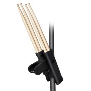 drumstick holder, drum sticks holder for drum set, clamp on drum stick holder clip, drumstick grabber, angle adjustable, attaches to any cymbal stand or tubular hardware, holds up to two pairs