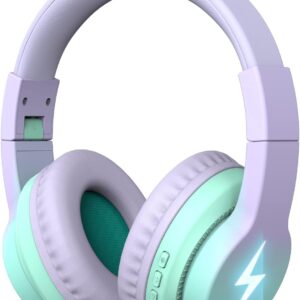 Kids Bluetooth Headphones, Colorful Wireless Over Ear Headset with LED Lights, Built-in Mic, 45H Playtime, 85dB/94dB Volume Limited Headphones for Boys Girls iPad Tablet School Airplane Green Purple