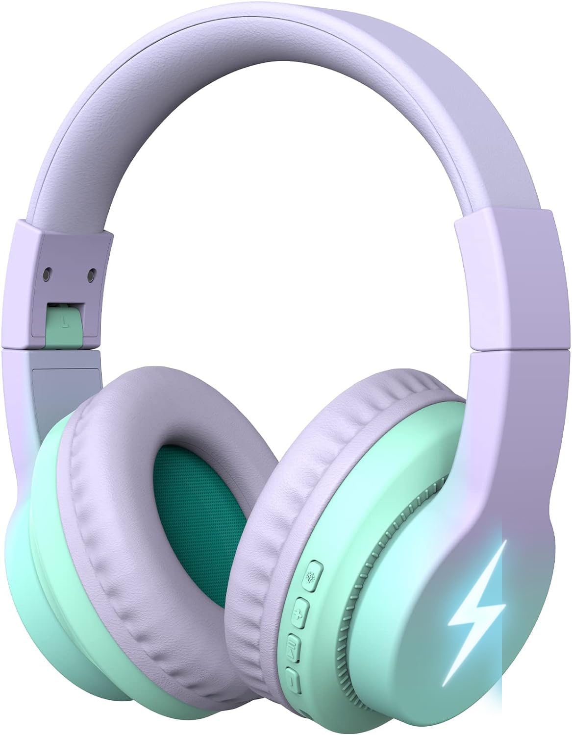 Kids Bluetooth Headphones, Colorful Wireless Over Ear Headset with LED Lights, Built-in Mic, 45H Playtime, 85dB/94dB Volume Limited Headphones for Boys Girls iPad Tablet School Airplane Green Purple