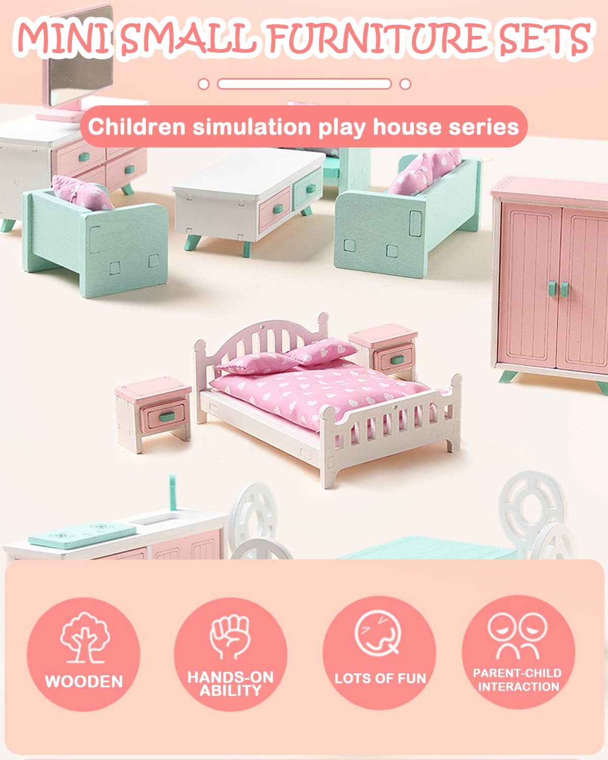 Wooden Dollhouse Furniture Set for Kids Colorful Pretend Play Toys with Wood Miniature Dining Room Doll House Accessories for Girls Boys Role Play Birthday Children's Day (PTD01)