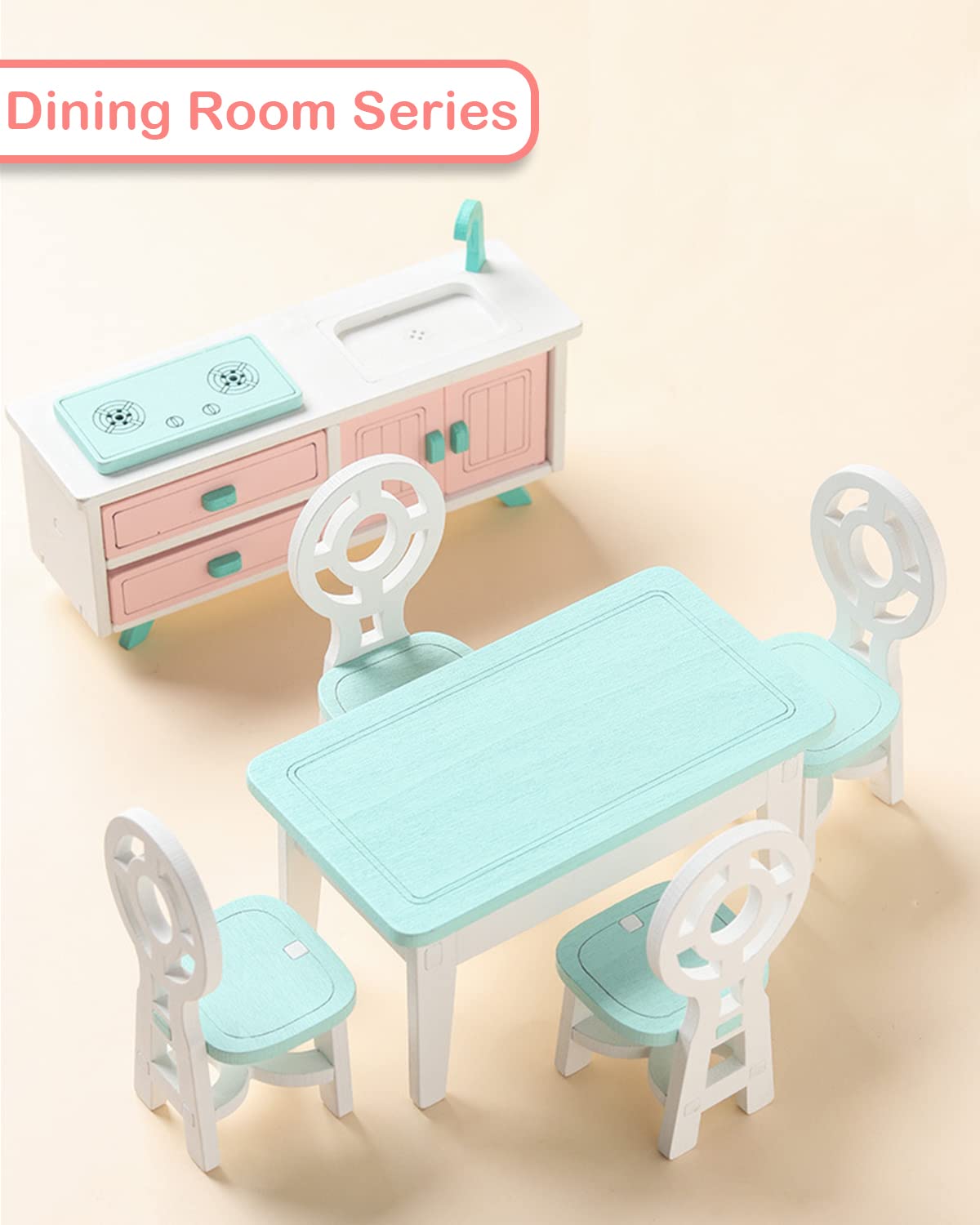 Wooden Dollhouse Furniture Set for Kids Colorful Pretend Play Toys with Wood Miniature Dining Room Doll House Accessories for Girls Boys Role Play Birthday Children's Day (PTD01)