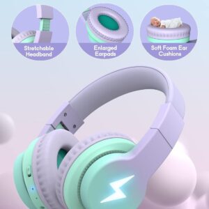 Kids Bluetooth Headphones, Colorful Wireless Over Ear Headset with LED Lights, Built-in Mic, 45H Playtime, 85dB/94dB Volume Limited Headphones for Boys Girls iPad Tablet School Airplane Green Purple