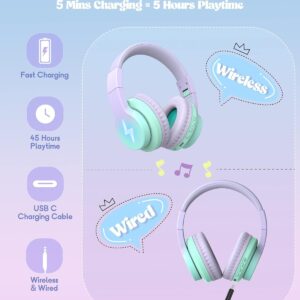 Kids Bluetooth Headphones, Colorful Wireless Over Ear Headset with LED Lights, Built-in Mic, 45H Playtime, 85dB/94dB Volume Limited Headphones for Boys Girls iPad Tablet School Airplane Green Purple