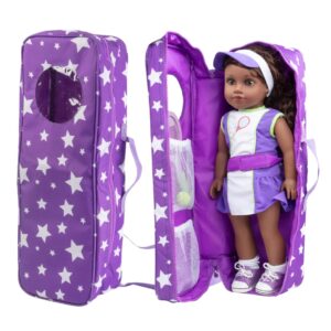 doll storage carrying case - (purple star) for any 18" doll - organizer storage traveling accessories case w clear window, zipper, and carrying strap, great birthday for kids girls