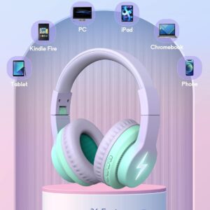 Kids Bluetooth Headphones, Colorful Wireless Over Ear Headset with LED Lights, Built-in Mic, 45H Playtime, 85dB/94dB Volume Limited Headphones for Boys Girls iPad Tablet School Airplane Green Purple