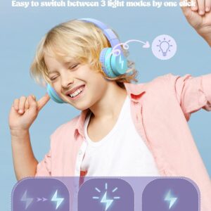 Kids Bluetooth Headphones, Colorful Wireless Over Ear Headset with LED Lights, Built-in Mic, 45H Playtime, 85dB/94dB Volume Limited Headphones for Boys Girls iPad Tablet School Airplane Green Purple