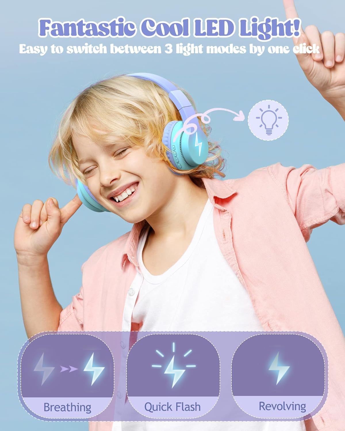 Kids Bluetooth Headphones, Colorful Wireless Over Ear Headset with LED Lights, Built-in Mic, 45H Playtime, 85dB/94dB Volume Limited Headphones for Boys Girls iPad Tablet School Airplane Green Purple