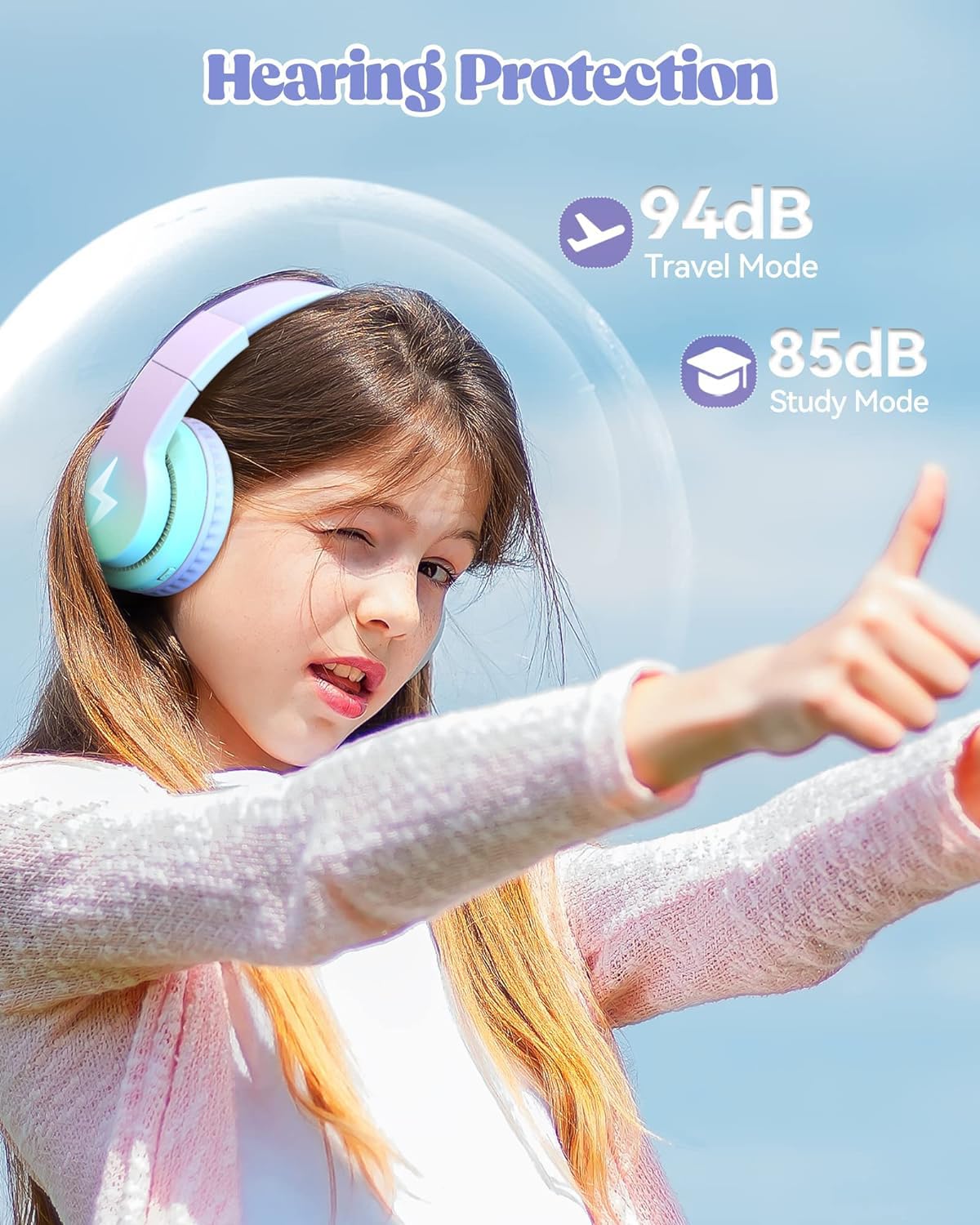 Kids Bluetooth Headphones, Colorful Wireless Over Ear Headset with LED Lights, Built-in Mic, 45H Playtime, 85dB/94dB Volume Limited Headphones for Boys Girls iPad Tablet School Airplane Green Purple