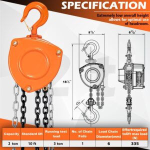 YATOINTO Chain Hoist 2 Ton(4400Lbs) Capacity 10FT Manual Hand Lift Steel Chain Block Hoist with 2 Heavy Duty Hooks Industrial Grade Steel Structures for Garages Automotive Machinery (2 Ton (4400lb))