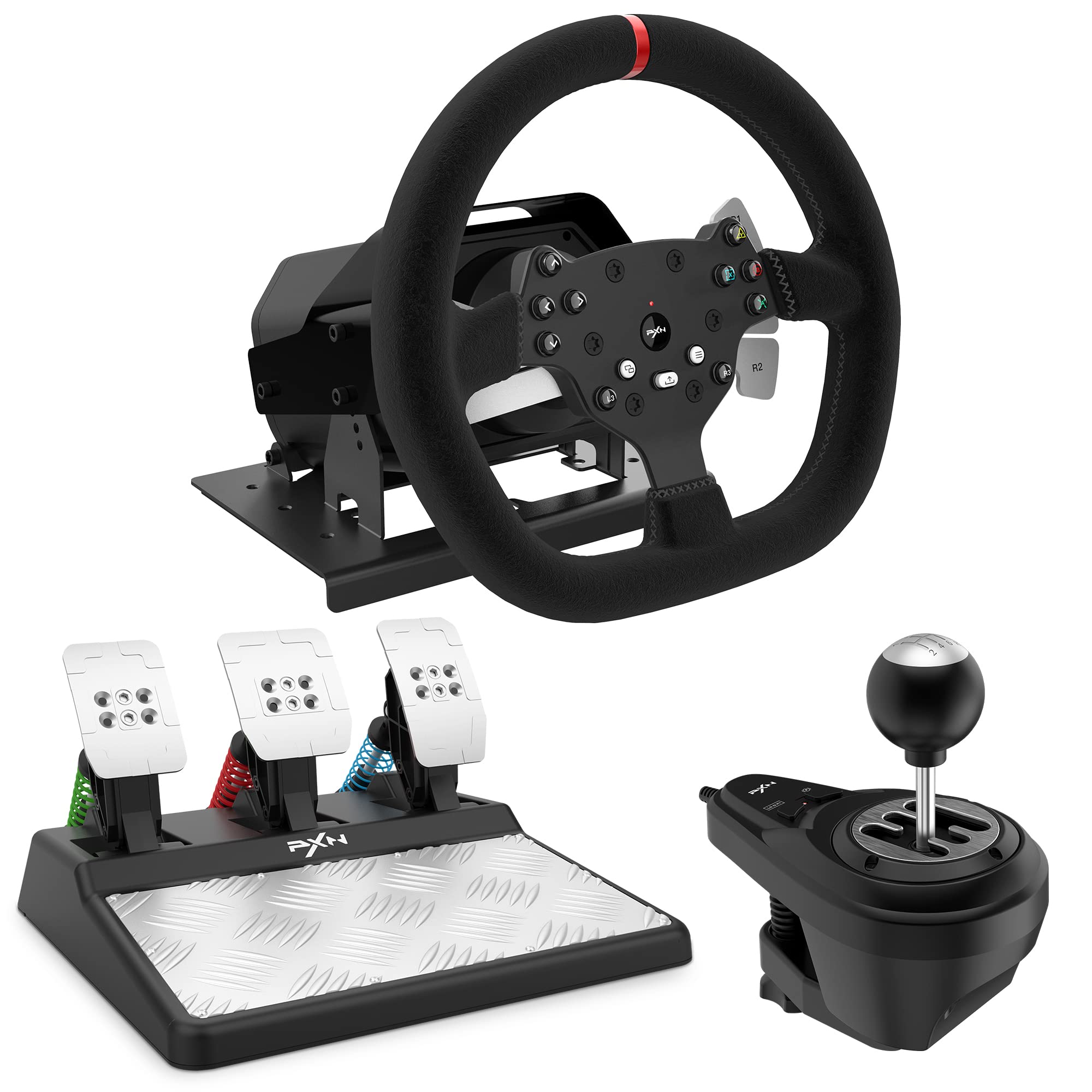 PXN V10 Force Feedback Gaming Racing Wheel with Magnetic Pedals and Shifter, 270/900 Degree, Dual Paddles and Detachable Design Steering Wheel for PC, PS4, Xbox One, Xbox Series X|S