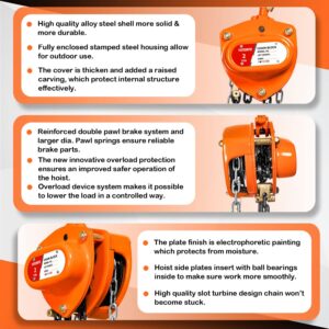 YATOINTO Chain Hoist 2 Ton(4400Lbs) Capacity 10FT Manual Hand Lift Steel Chain Block Hoist with 2 Heavy Duty Hooks Industrial Grade Steel Structures for Garages Automotive Machinery (2 Ton (4400lb))