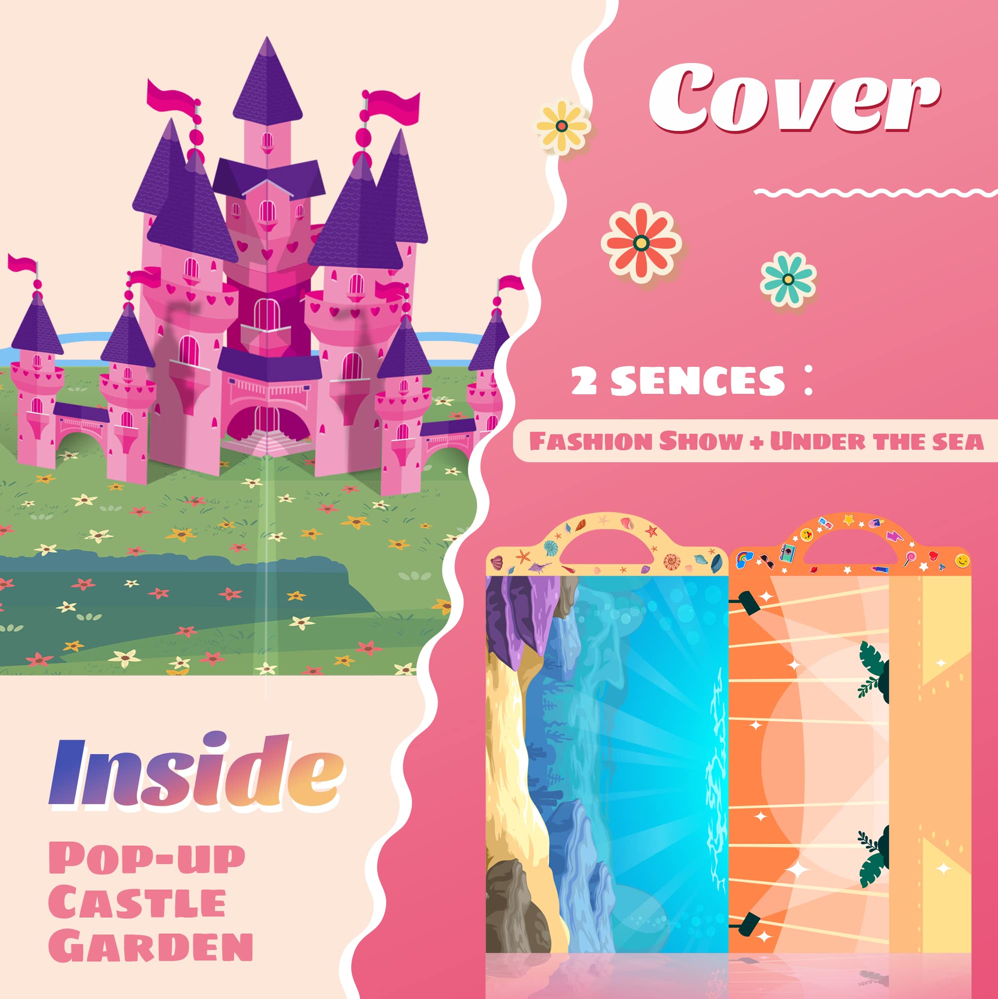 Kids Puffy Stickers - 3D Reusable Stickers Activity Pad with Pop Up Castle, 320+ Stickers with 3 Scenes, Dress-up Princess, Mermaid, Fashion Show. Travel Toys for Kids, Fold and Go Sticker Pad.