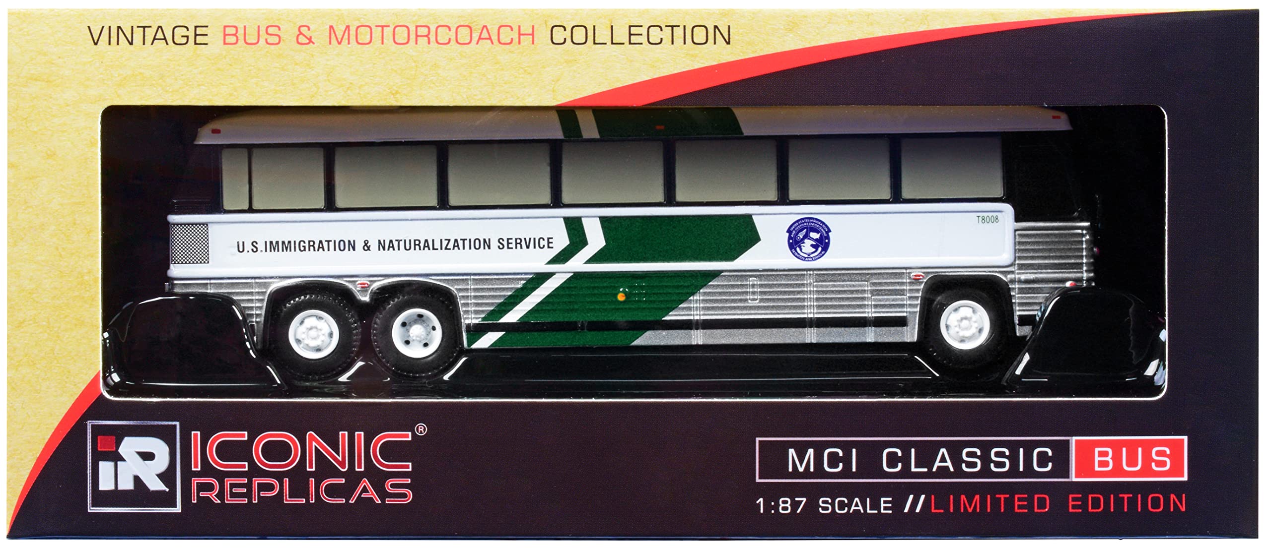 Iconic Replicas MCI MC-12 Coach Classic Bus U.S. Immigration & Naturalization Service Vintage Bus & Motorcoach Collection 1/87 Diecast Model 87-0343