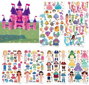 kids puffy stickers - 3d reusable stickers activity pad with pop up castle, 320+ stickers with 3 scenes, dress-up princess, mermaid, fashion show. travel toys for kids, fold and go sticker pad.