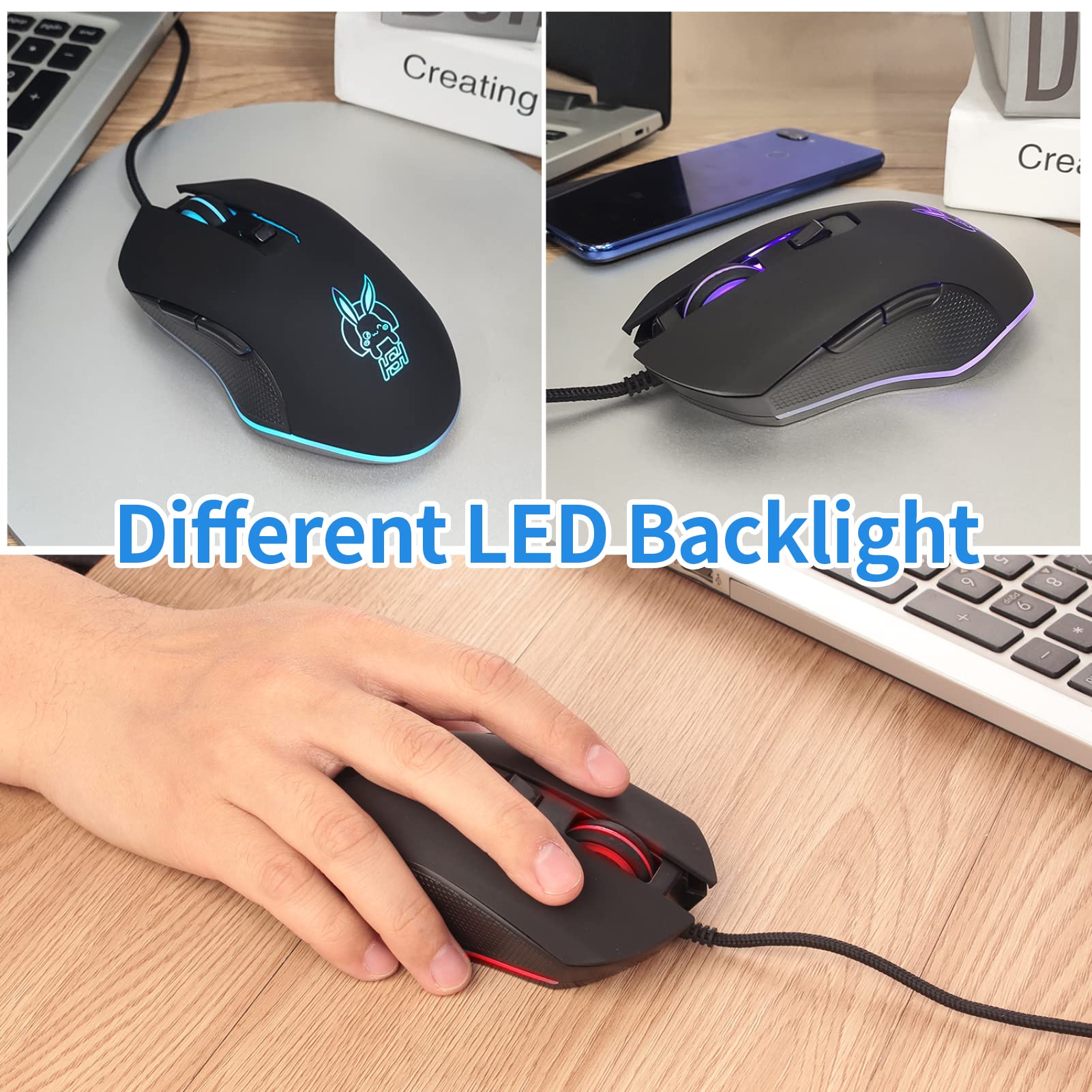 IULONEE USB Type C Wired Mouse,Silent Computer Mouse Optical Gaming Mice Ergonomic 7 LED Backlight 2400 DPI 6 Buttons for Office Home Windows PC,Laptop,Desktop,Notebook,MacBook (Type-C Black)