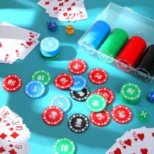 Jerify 200 Pcs Poker Chip Set Numbers Printed Plastic Poker Chips with Denominations Blue Green Red Black Game Chips Clear Poker Chip Holder Poker Chip Tray for Adults Home Play Party Game, 2 Boxes