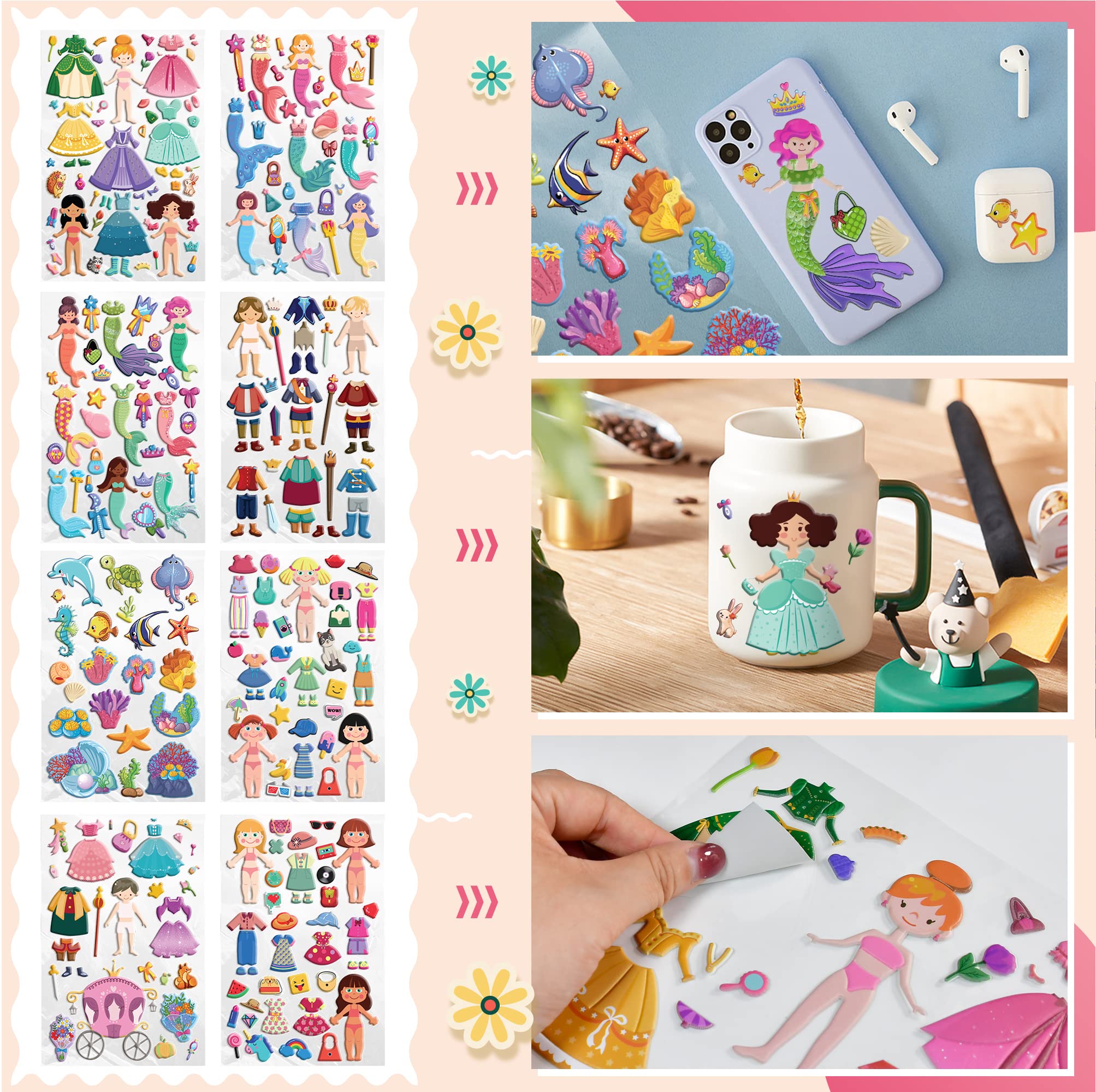 Kids Puffy Stickers - 3D Reusable Stickers Activity Pad with Pop Up Castle, 320+ Stickers with 3 Scenes, Dress-up Princess, Mermaid, Fashion Show. Travel Toys for Kids, Fold and Go Sticker Pad.