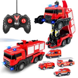 remote control fire truck with led sounds,rc fire truck car toy with 3pcs small firetrucks 10pcs roadblock models, one button press spraying water transformer fire truck toys for kids toddlers boys