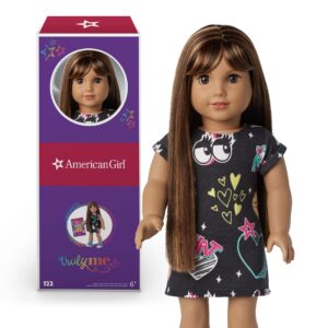 american girl truly me 18-inch doll #122 with brown eyes, dark-brown hair w/highlights, tan skin, t-shirt dress, for ages 6+