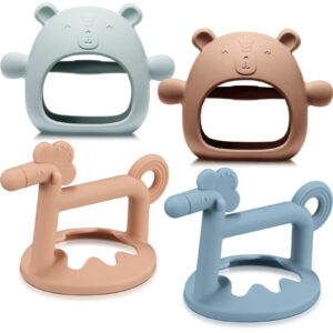 4 pieces silicone teething toys bear baby teether toy anti dropping horse teething pacifier baby chew toys chewable hand teethers for sucking chewing needs pain relief gifts (blue, caramel, pink)