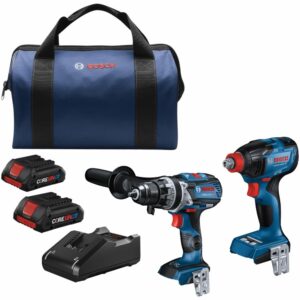 bosch gxl18v-227b25 18v 2-tool combo kit with connected-ready two-in-one 1/4 in. bit/socket impact driver/wrench, 1/2 in. hammer drill/driver and (2) core18v® 4 ah advanced power batteries