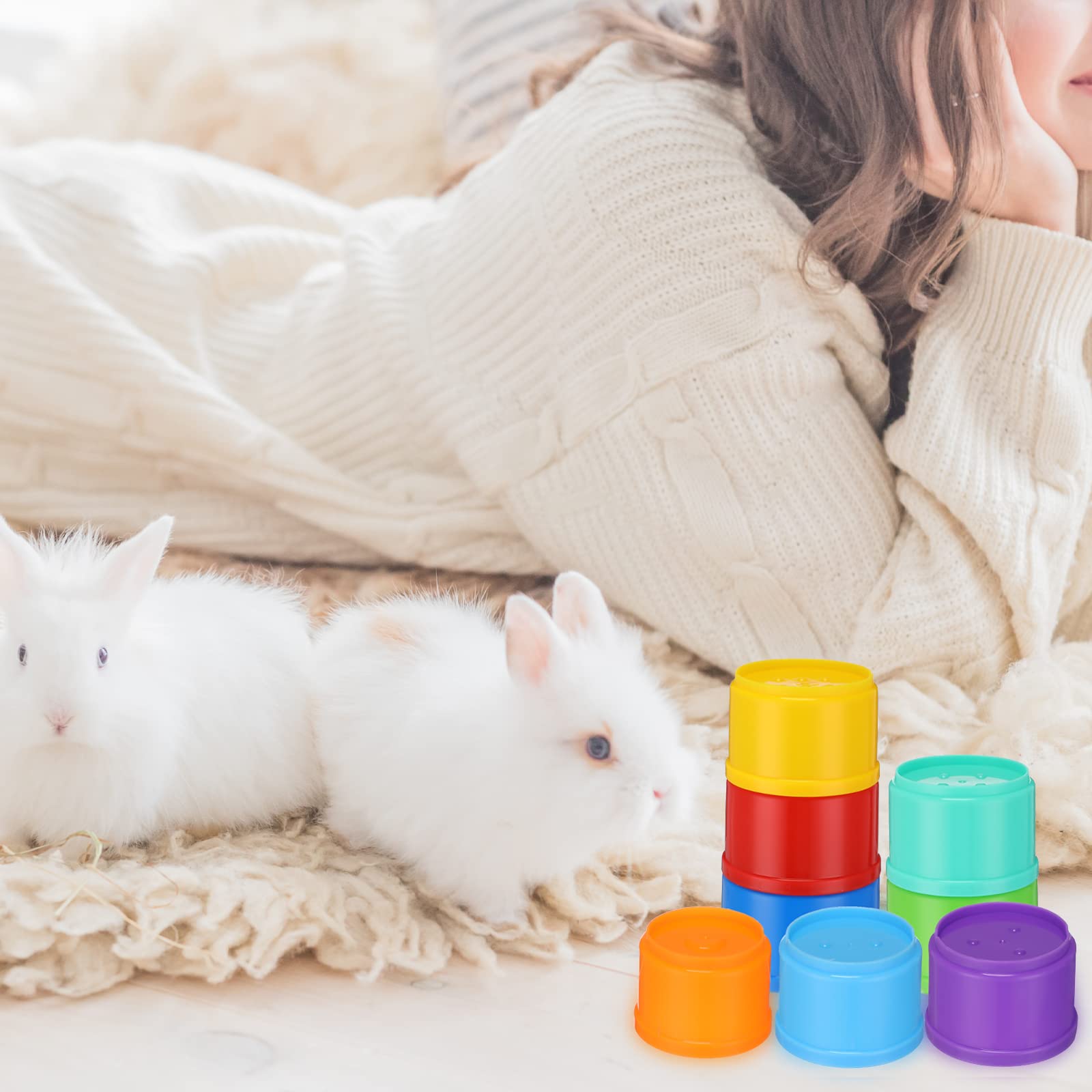 Charniol 8 Pcs Stack up Bunny Cups Bunny Toys Rabbit Stacking Cups Toys Rabbit Toys Snack Cups Rainbow Colors Plastic Nesting Toys for Small Animals Rabbits Bunny