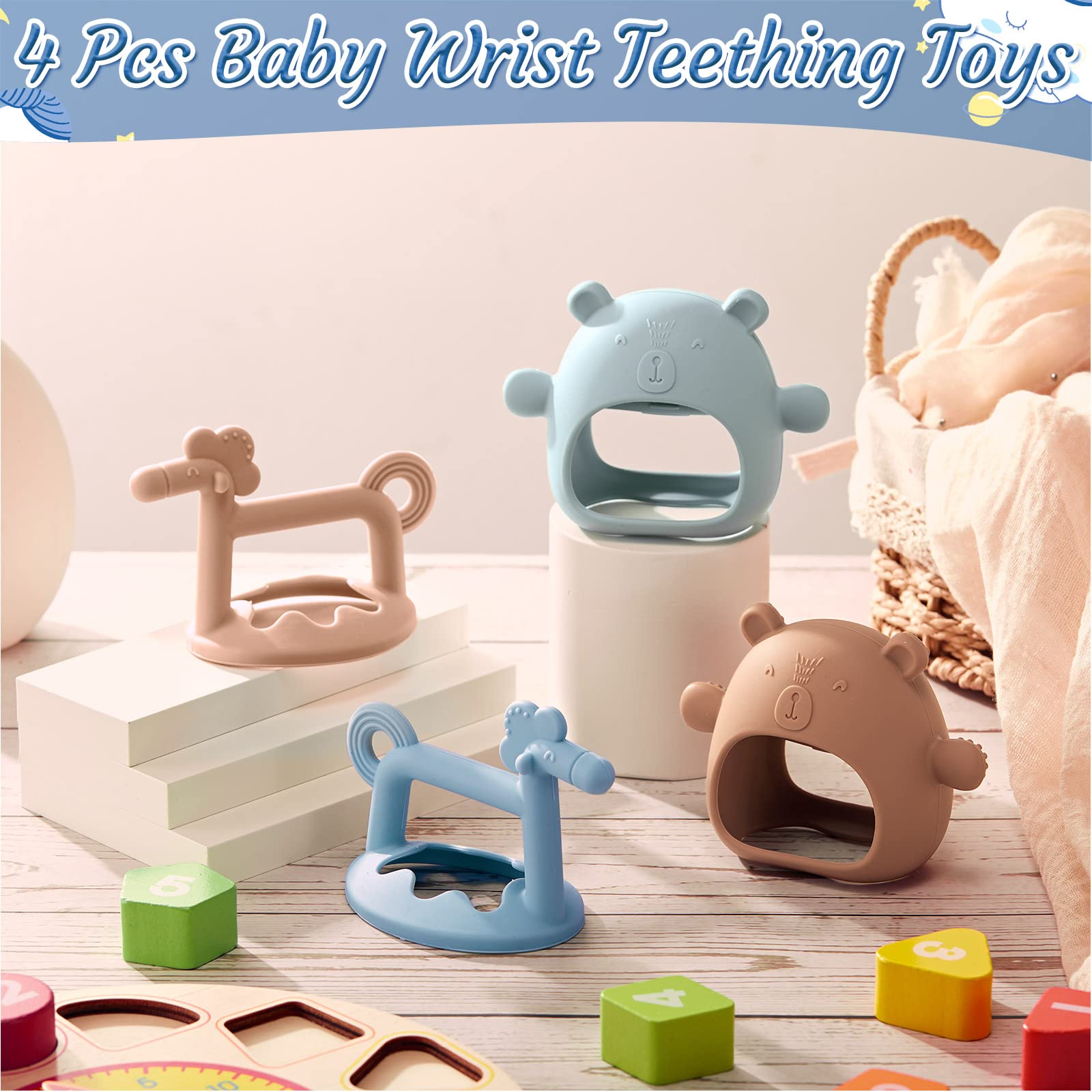 4 Pieces Silicone Teething Toys Bear Baby Teether Toy Anti Dropping Horse Teething Pacifier Baby Chew Toys Chewable Hand Teethers for Sucking Chewing Needs Pain Relief Gifts (Blue, Caramel, Pink)