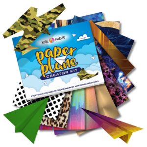 paper airplanes - craft kit | airplane activities for kids | set includes 65 sheets 40 colored 25 patterned paper, paper airplane book, 15 easy step colored designs | large size 8x10.5 | airplane toy