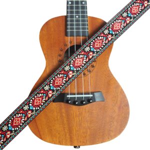 Farcaya Ukulele Strap Jacquard Flower for Soprano Concert Tenor Baritone UKE Neck Strap Lock Button (Red Flower)