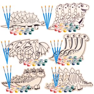 kids party dino wood painting craft kits (20ct)- dinosaur designs- each kit has its own brush, paint, & figure- fun, unique valentines party activity, favors or classroom school projects gift