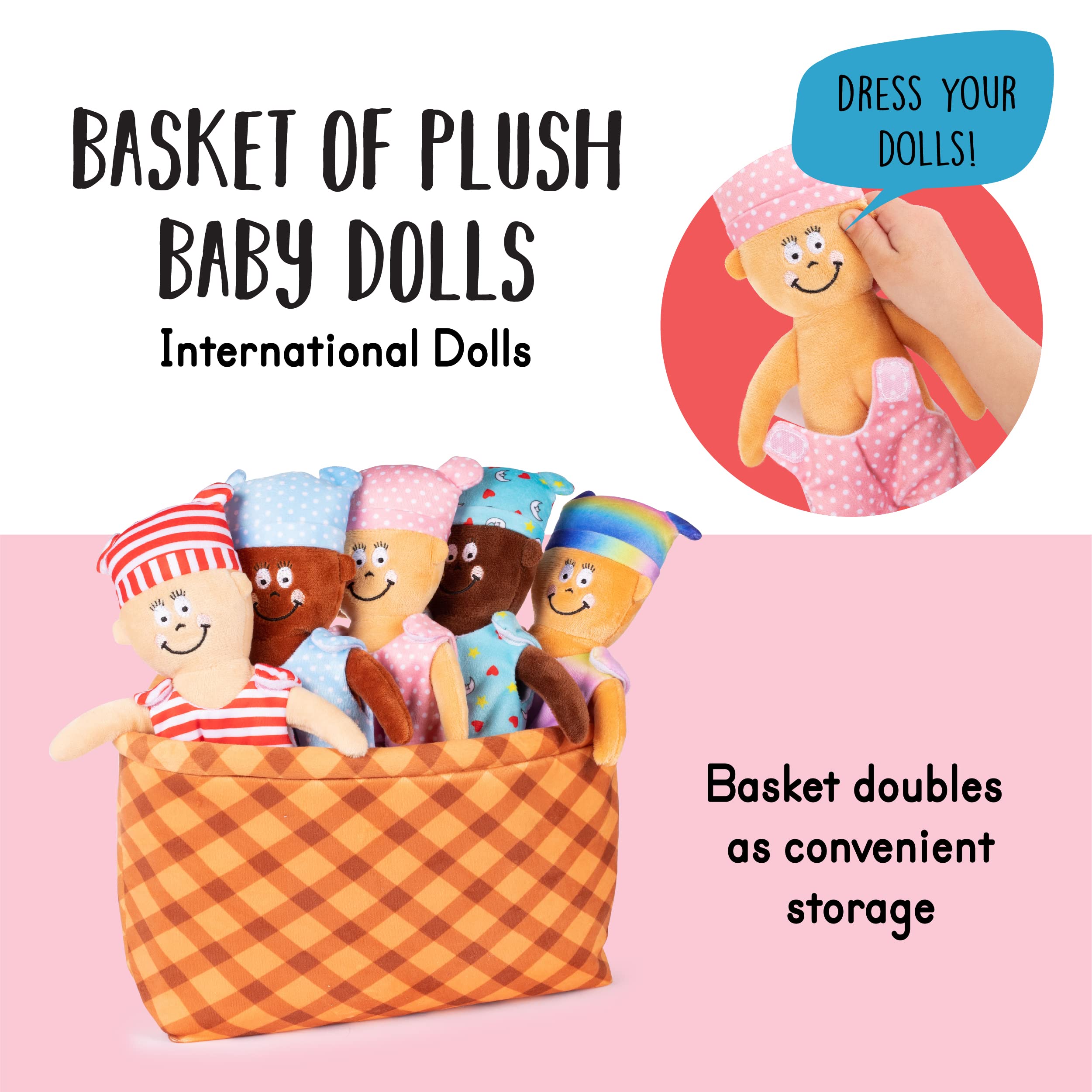 Basket of Babies | Multicultural Baby Dolls | Diverse Baby Dolls | Dolls for Toddlers | Toddler Baby Doll | 5 Dress Up Dolls with Basket Carrier | Removable Clothing Great Hand Eye Coordination