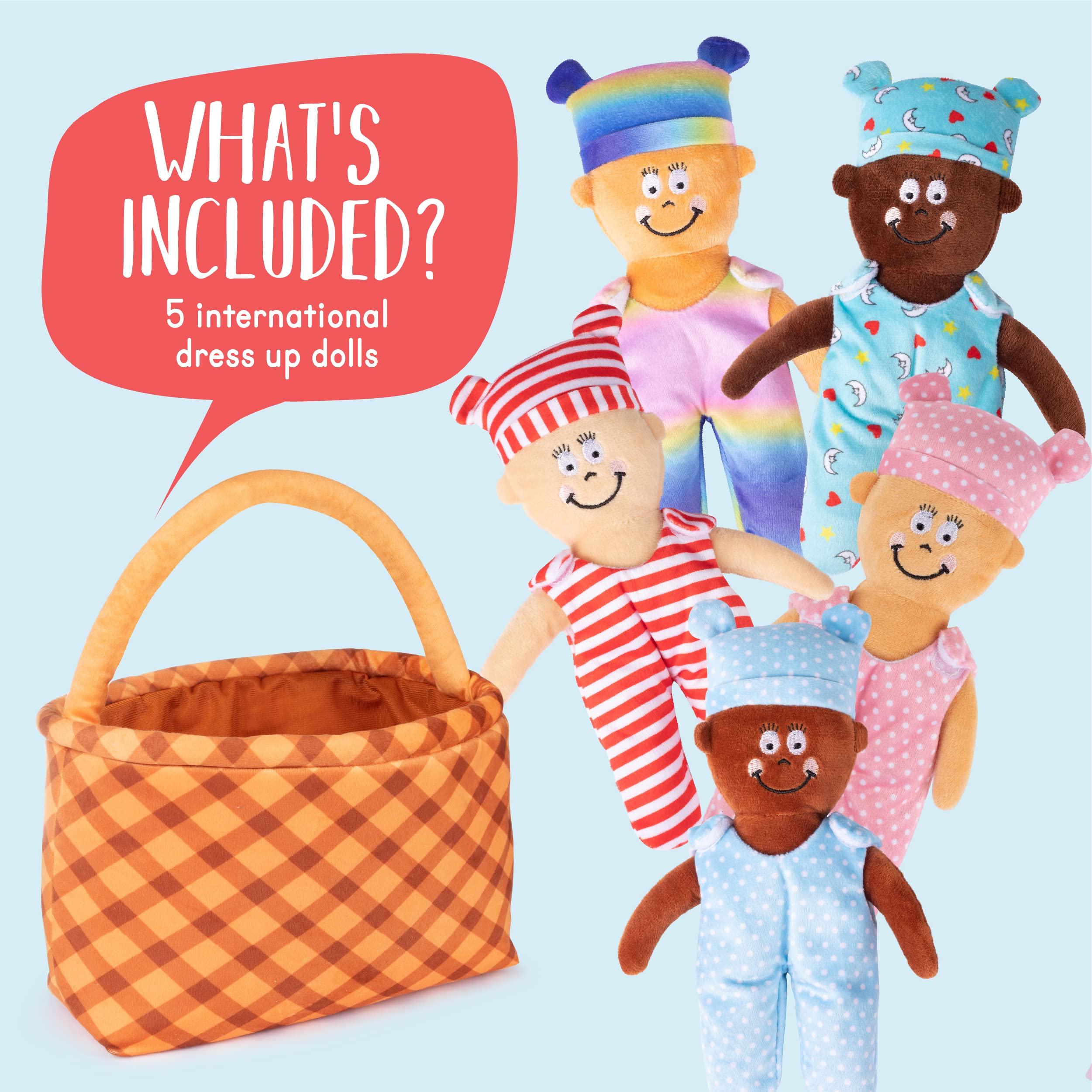 Basket of Babies | Multicultural Baby Dolls | Diverse Baby Dolls | Dolls for Toddlers | Toddler Baby Doll | 5 Dress Up Dolls with Basket Carrier | Removable Clothing Great Hand Eye Coordination