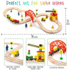 KipiPol Wooden Train Sets for Boys 2-4-7 – 38 Pcs Wood Train Set for Toddlers w/Crane, Bridge & Wooden Train Tracks – Train Toys for 3 Year Old Boys & Girls – Fits Thomas Brio IKEA Melissa and Doug