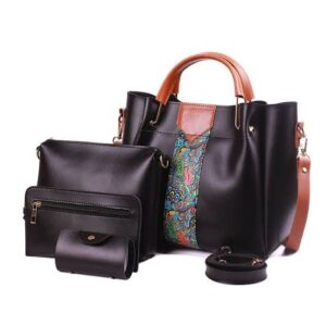 Ladies Womens Girls 4 Pieces Set Fashion Bag Soft PU Leather Handbag Tote Shoulder Bag Crossbody Bag Wallet Card Bag (Black)