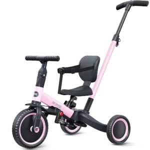 newyoo toddler tricycle,toddler bike,birthday gifts and toys for 1-3 year old boys and girls, trike with push handle, backrest and safety belt, balance bike, tr007, pink