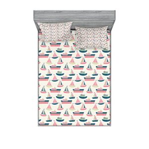 ambesonne sailing fitted sheet & pillow sham set, pattern of little ship boat yacht submarine marine love for cartoon, decorative printed 6 piece bedding decor, calking, multicolor