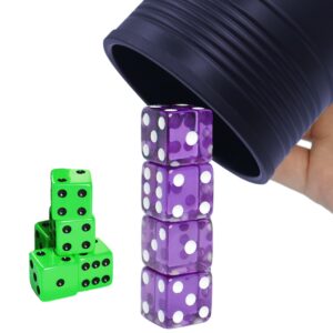 dice stacking cup(blue) set with 4 pcs 19mm(purple) and 5 pcs 18mm(green) standard 6 sided dices, with storage bag-magic tricks instruction