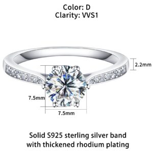 SAMIOVJ Moissanite Engagement Rings for Women, 1ct 1.5ct 2ct D Color VVS1 Clarity Round Solitaire Diamond, Rhodium Plated Sterling Silver Wedding Promise Ring for Her