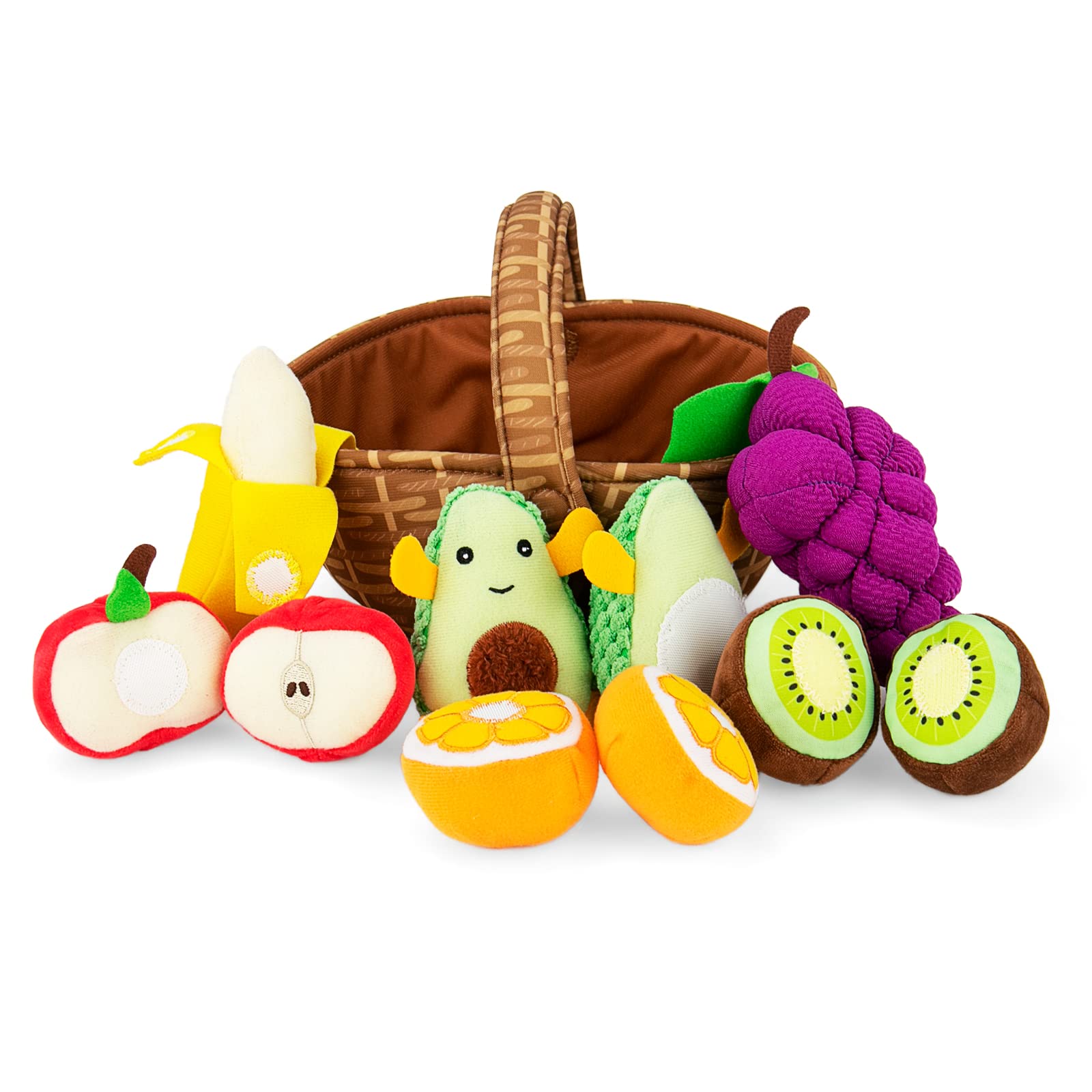 Inbeby Peelabe Play Food Toys,My First Plush Fruit Basket, Soft Plush Play Food Toy for Baby 6 12 18+ Month,Toddler Girl Boy Toy Gift for 12-18 Month(Avocado/Kiwi/Banana/Orange/Apple/Grape)