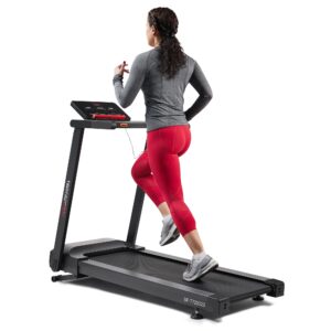 sunny health & fitness interactive slim folding treadmill with advanced brushless motor, shock absorption, digital monitor, free sunnyfit app bluetooth connectivity, optional 12-level auto incline