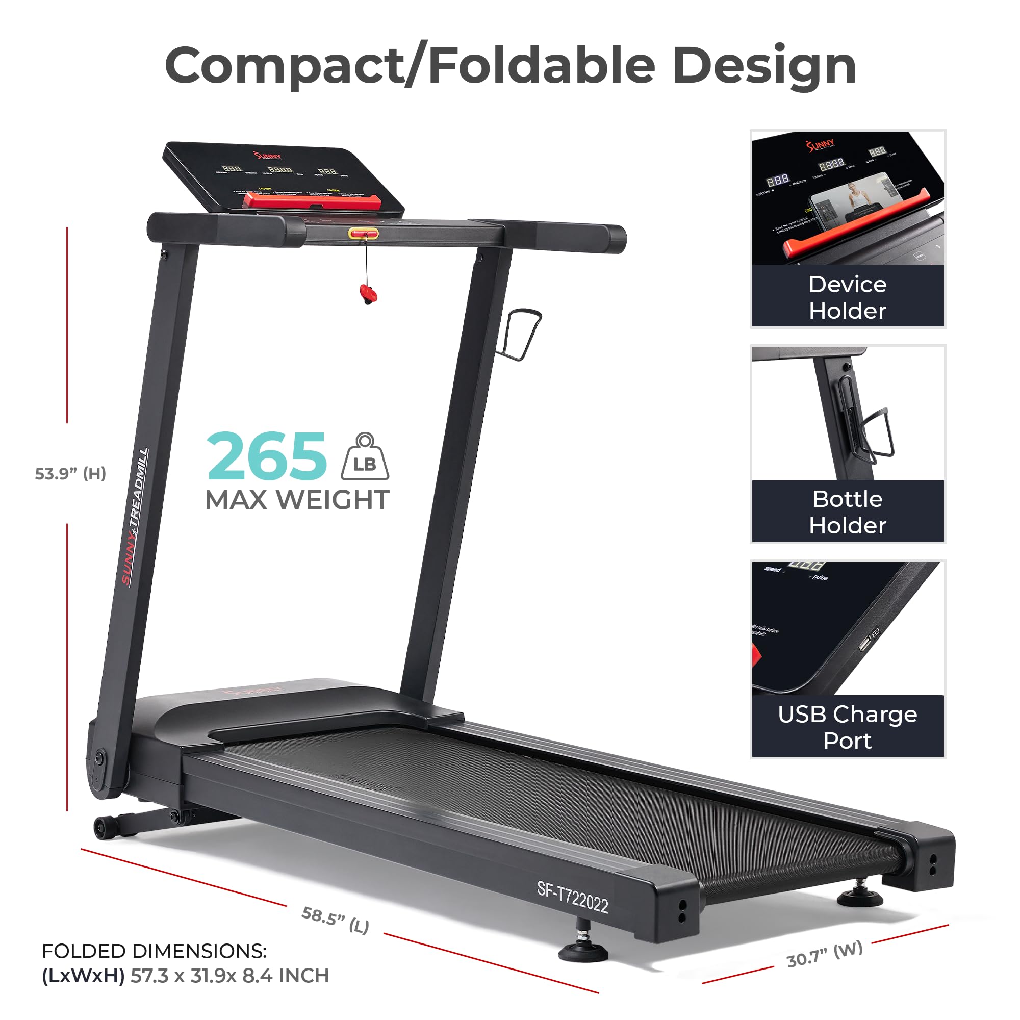 Sunny Health & Fitness Interactive Slim Folding Treadmill with Advanced Brushless Motor, Shock Absorption, Digital Monitor, Free SunnyFit App Bluetooth Connectivity, Optional 12-Level Auto Incline