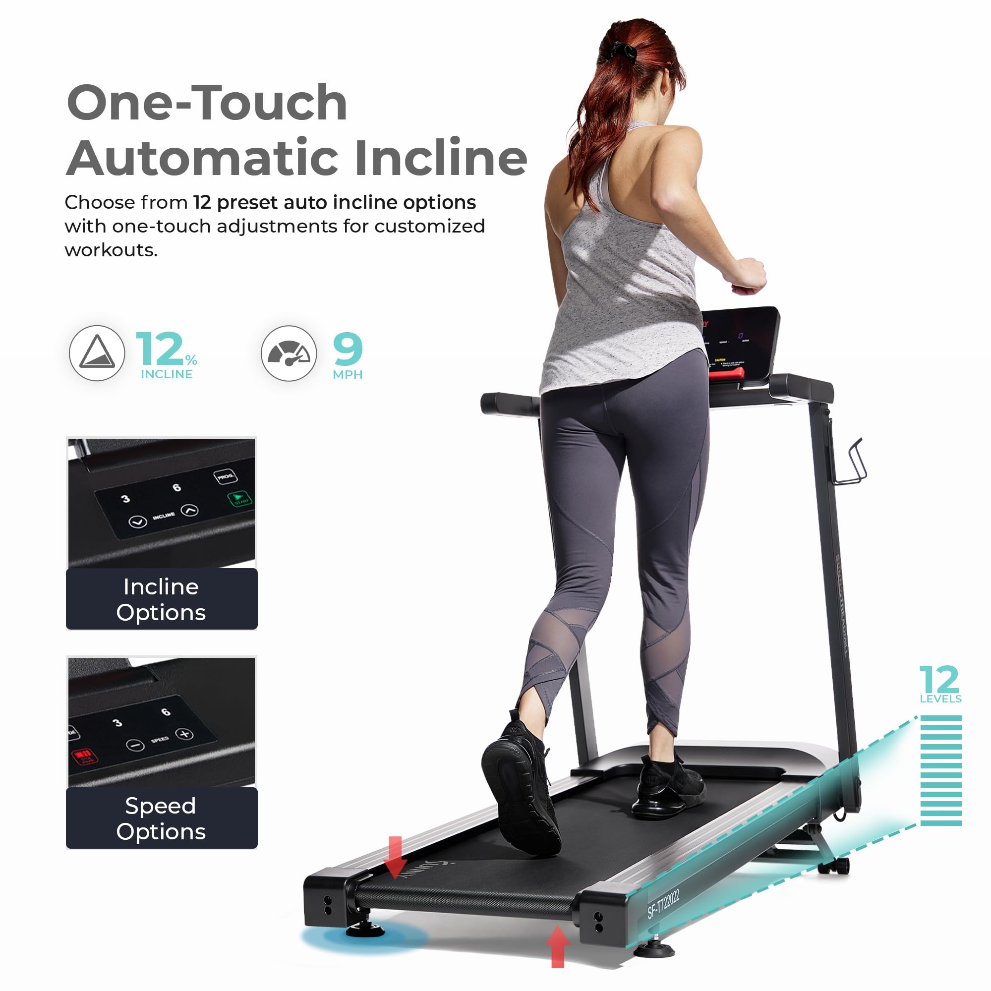 Sunny Health & Fitness Interactive Slim Folding Treadmill with Advanced Brushless Motor, Shock Absorption, Digital Monitor, Free SunnyFit App Bluetooth Connectivity, Optional 12-Level Auto Incline