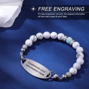 JFJEWER Medical Alert Bracelets for Women Free Engraving, Personalized Customizable Medical ID Bracelet, White Turquoise Beaded Emergency Medical Bracelets - Style 6