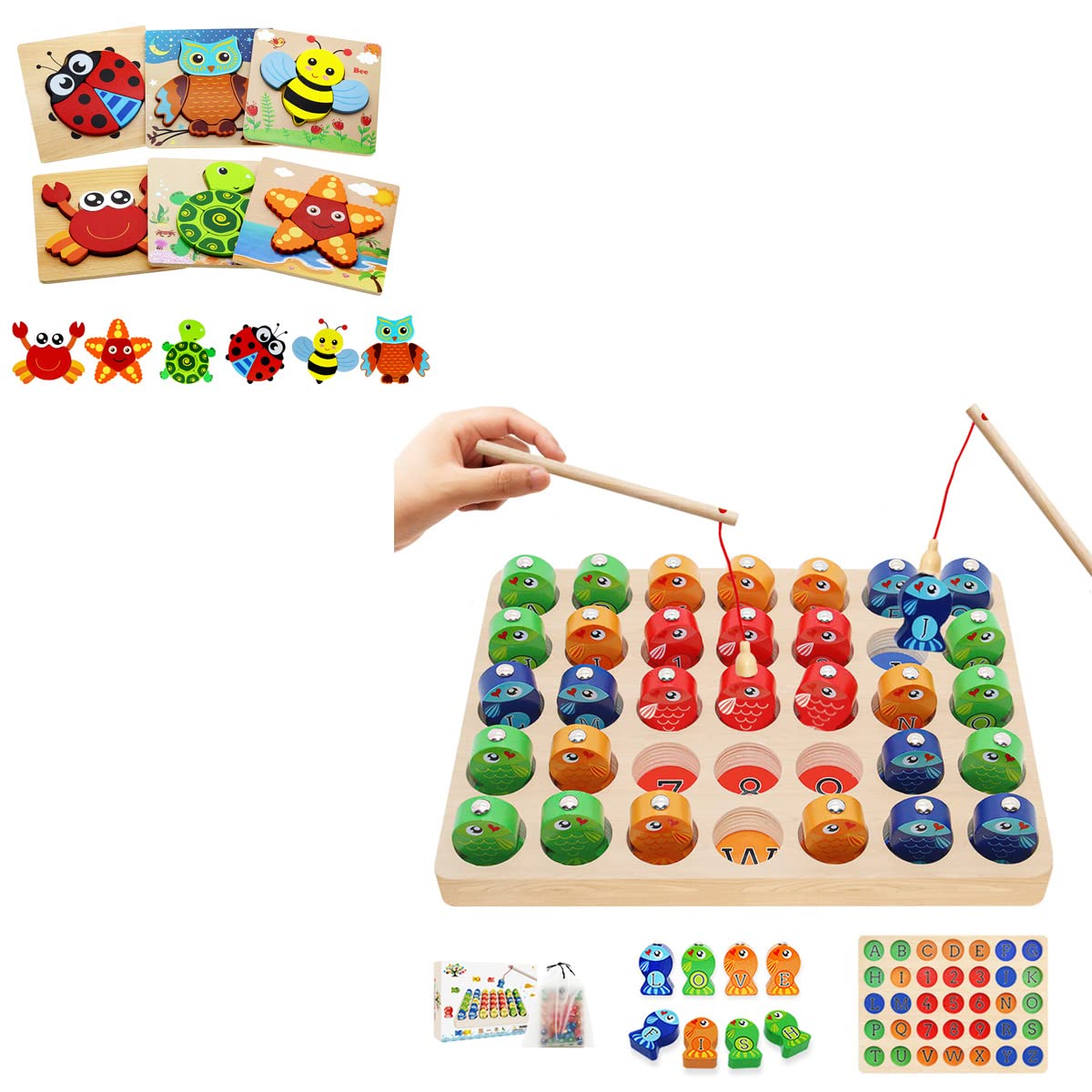 Montessori Toys for 1 2 3 4 5 6 Year Old Boys Girls,Wooden Magnetic Fishing Game & Wooden Toddler Animal Puzzles Toy,Kids Toddler Toys for Ages 1+ Year Old Preschool Learning Educational STEM Gifts