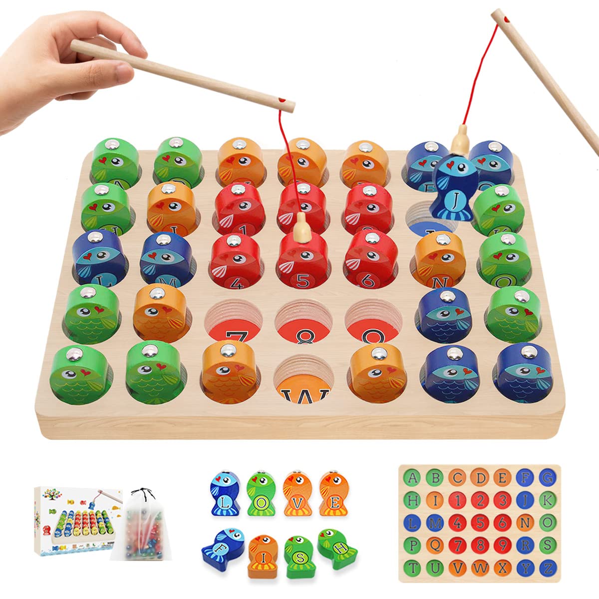 Montessori Toys for 1 2 3 4 5 6 Year Old Boys Girls,Wooden Magnetic Fishing Game & Wooden Toddler Animal Puzzles Toy,Kids Toddler Toys for Ages 1+ Year Old Preschool Learning Educational STEM Gifts