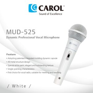 CAROL MUD-525 Cardioid Dynamic Microphone Vocal, White Microphone, for Conference and Campus Use, Teach, Singing, Stage Performance w/ 14.8ft XLR to 1/4"(6.35mm) Cable (White)