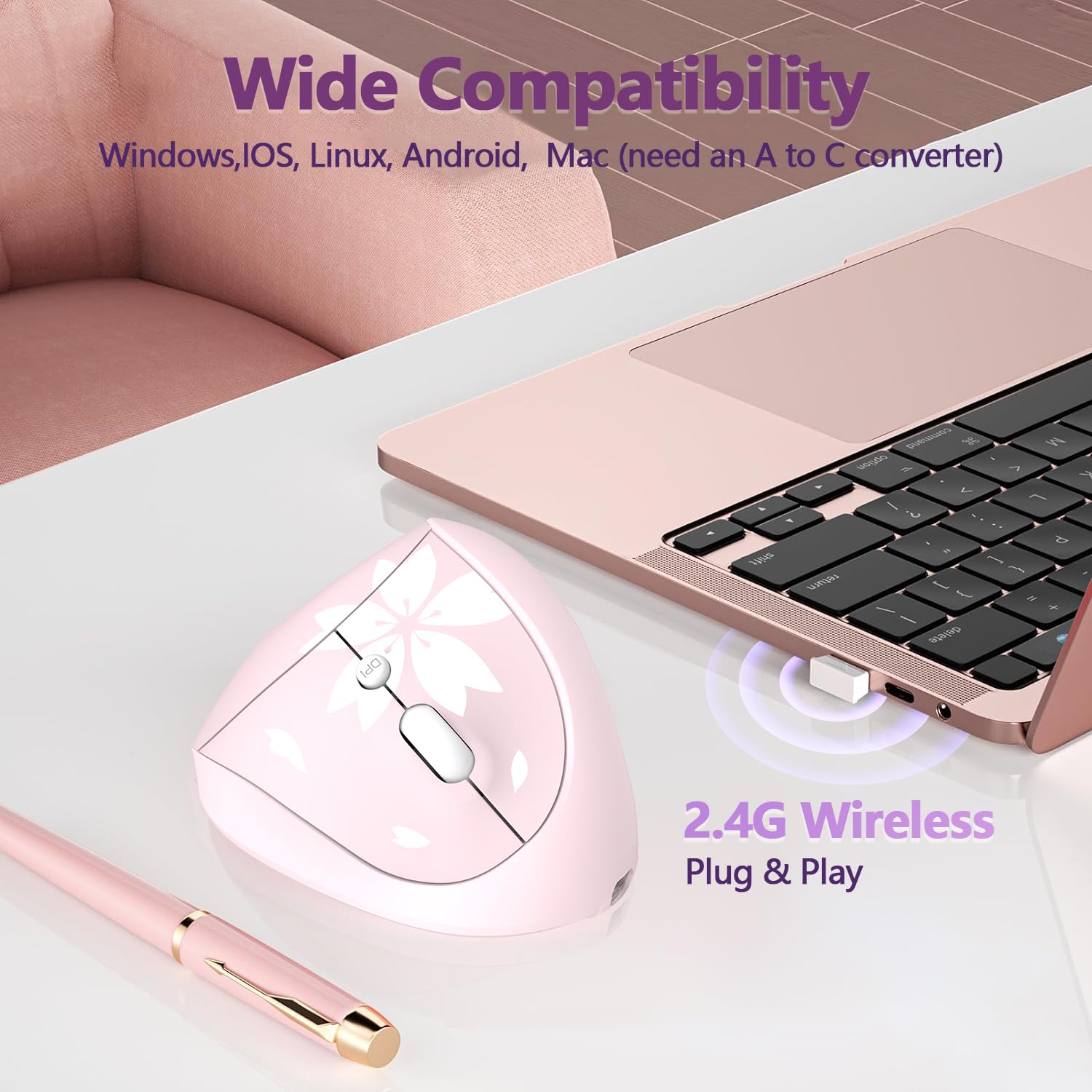 Mytrix Sakura Cherry Pink Wireless Ergonomic Vertical Mouse, 2.4GHz Optical Ergo Mouse with 800/1200/1600 DPI - Right Handed for Laptop, Computer, Desktop, Windows, Mac OS, iOS, Linux Android Systems