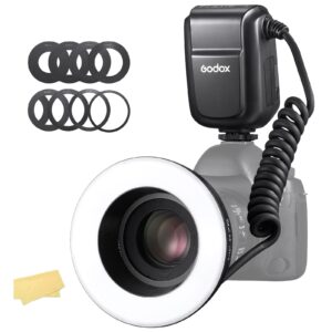 godox mf-r76 macro led ring flash light,76ws speedlite dual-flash tubes with 2600mah li-ion battery& 8pcs adapter rings compatible for canon nikon pentax olympas fuji cameras and most of the lenses