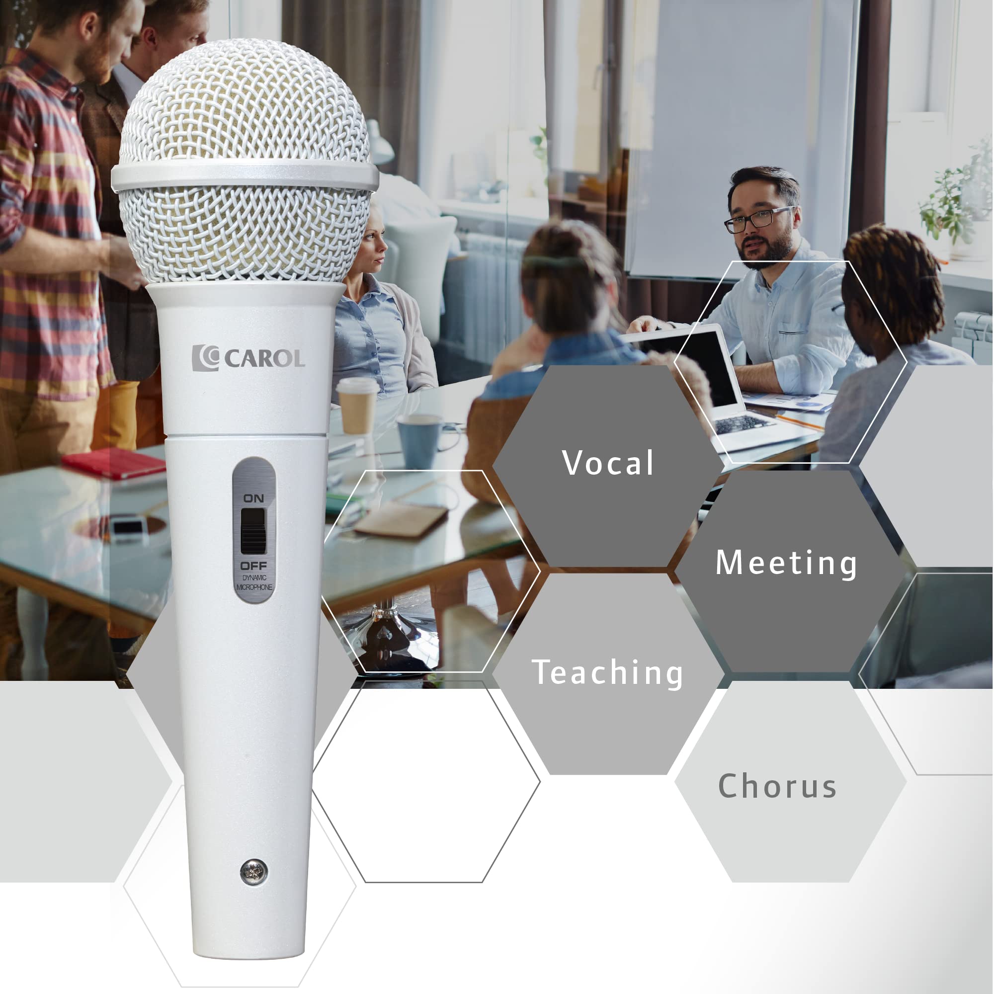 CAROL MUD-525 Cardioid Dynamic Microphone Vocal, White Microphone, for Conference and Campus Use, Teach, Singing, Stage Performance w/ 14.8ft XLR to 1/4"(6.35mm) Cable (White)